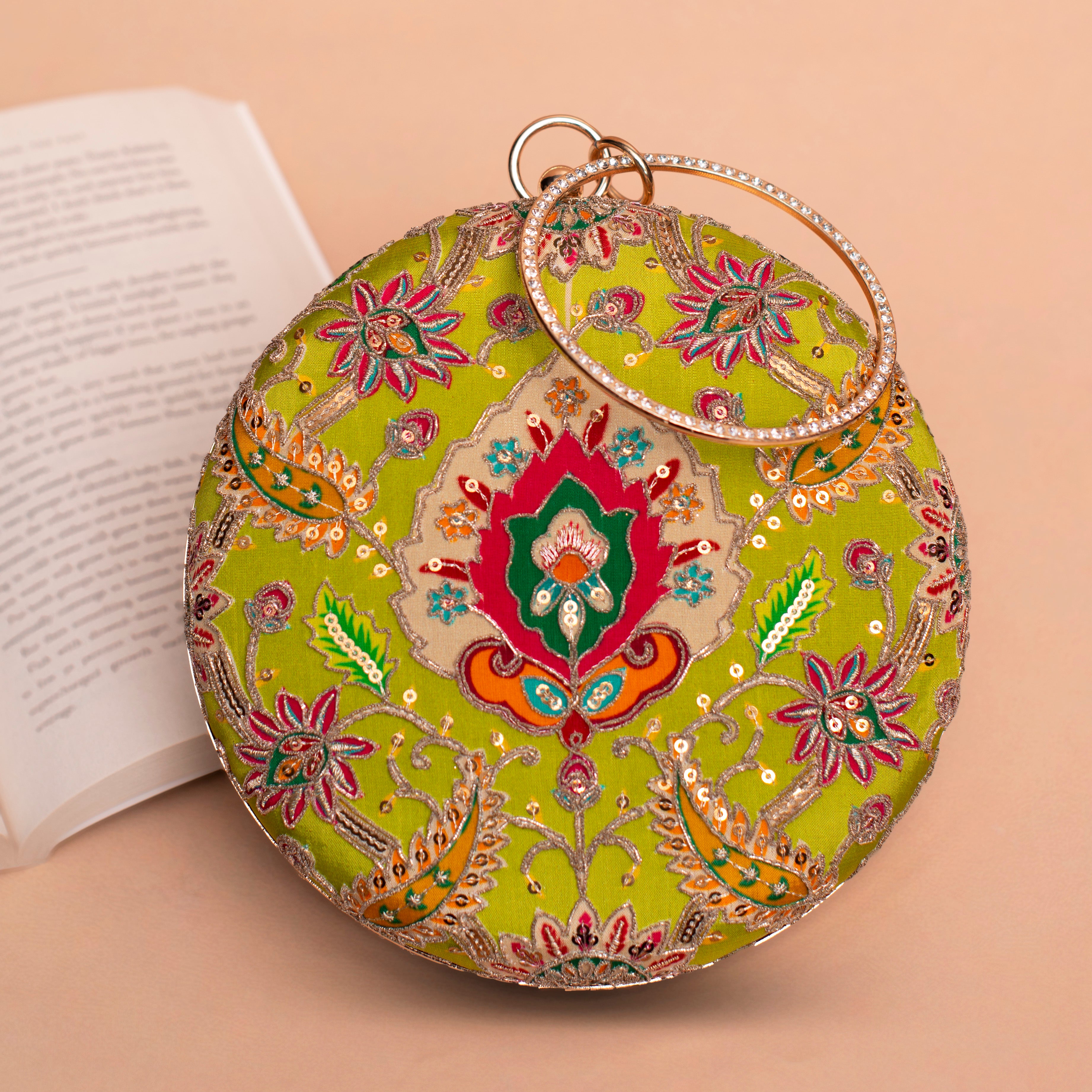 Artklim Lime Green Based Floral Pattern Embroidery Clutch